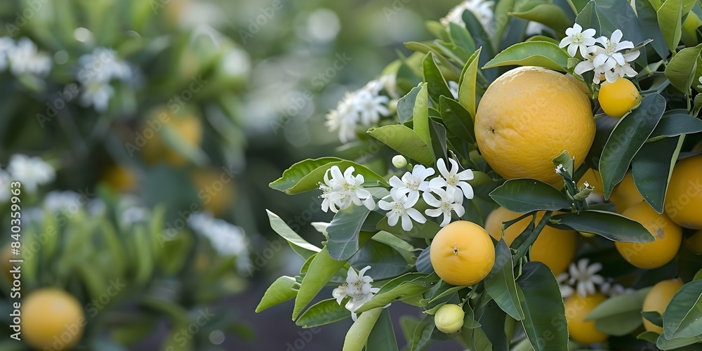 Israeli citrus trees bloom with white flowers and green leaves filling ...