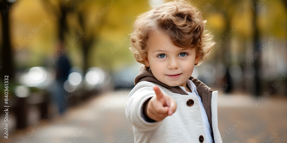 Child in casual attire pointing to side making eye contact with camera ...