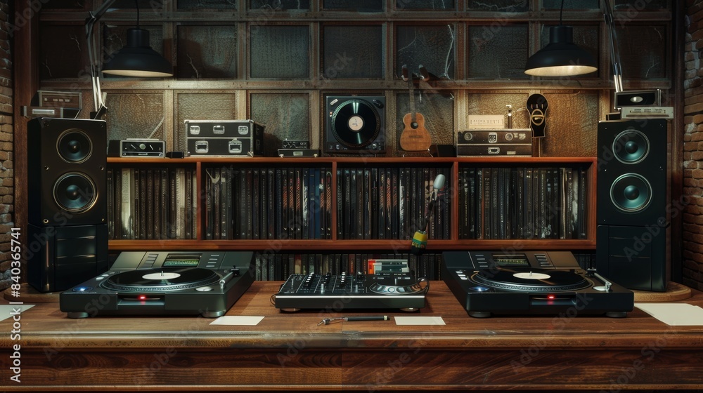 Retro Vinyl DJ Setup with Vintage Turntables Headphones and Classic ...