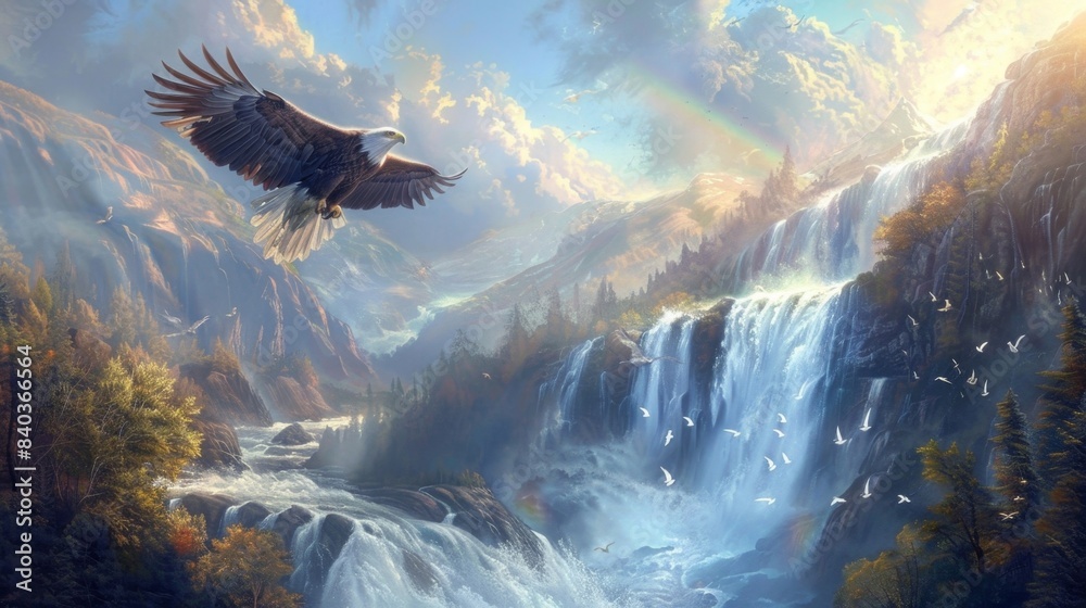 High above the waterfall a majestic eagle soars gracefully through the ...