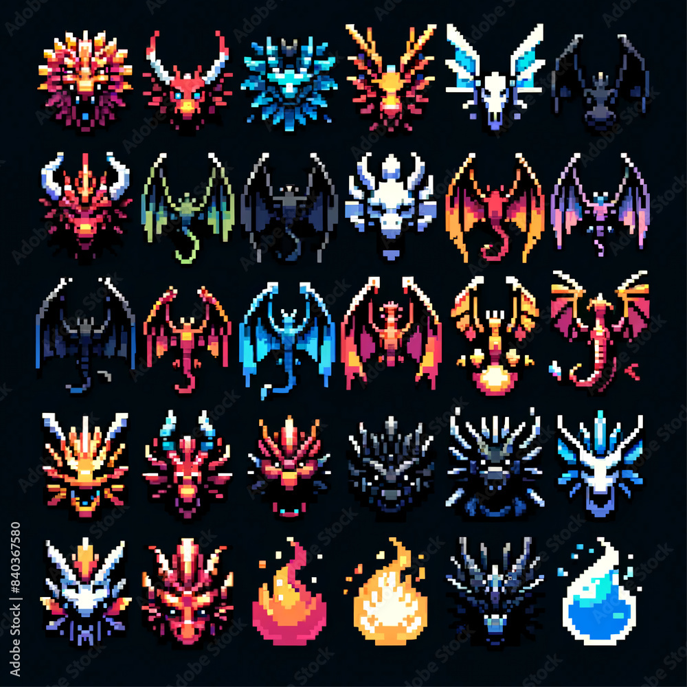 A sprite sheet of pixel art icons for a dragon scale from an RPG game ...