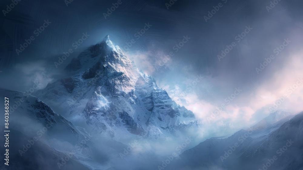 An ethereal specter hovers above a frosted mountain peak its seethrough ...