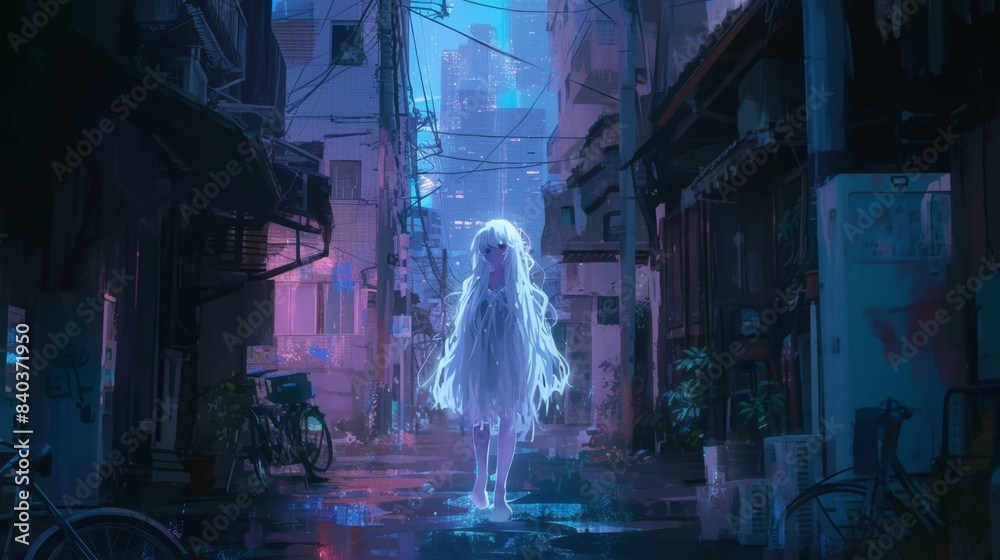 The ethereal ghost exudes an aura of both sadness and peace as it roams ...