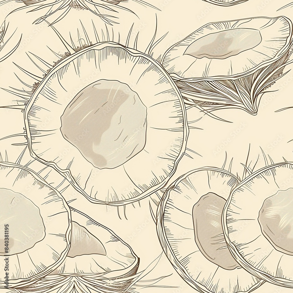 A line drawing of a coconut, halved to reveal the fibrous outer shell ...