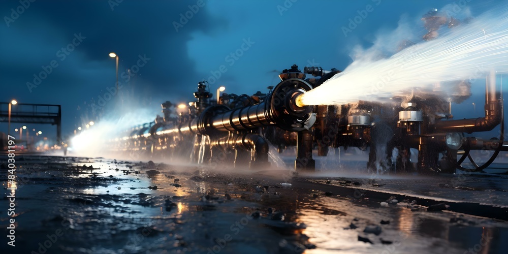 Water pipe burst at industrial site captured in photograph. Concept ...