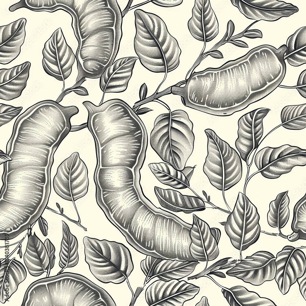 A line drawing of a tamarind, with its pod-like outer shell and the ...