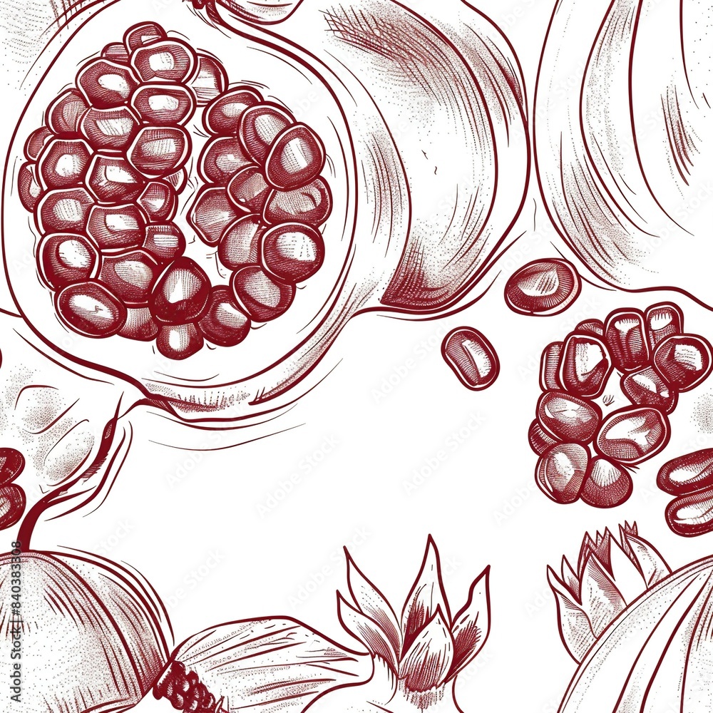 An artistic line drawing of a pomegranate, cut open to reveal the ...
