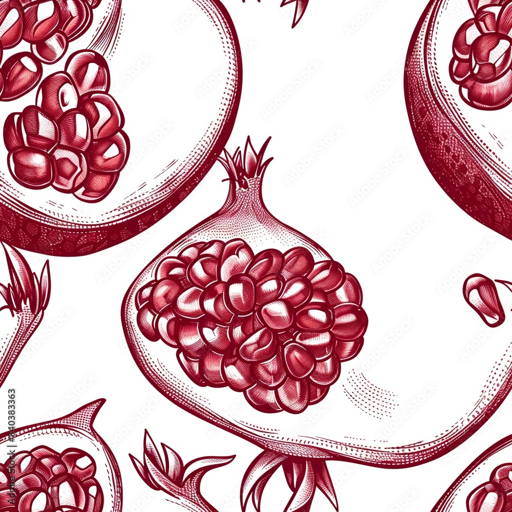 An artistic line drawing of a pomegranate, cut open to reveal the ...