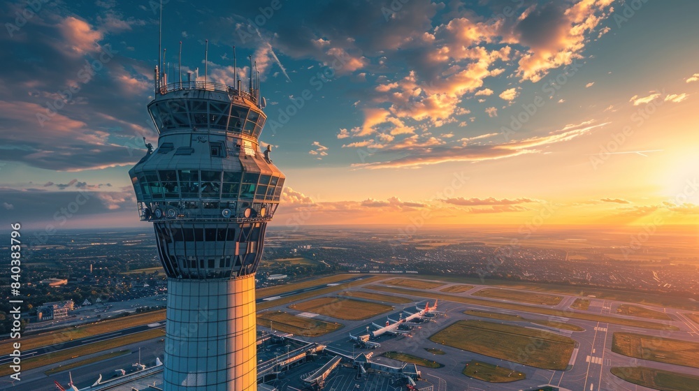aerial dramatic photo of modern airport control tower, showing terminal ...