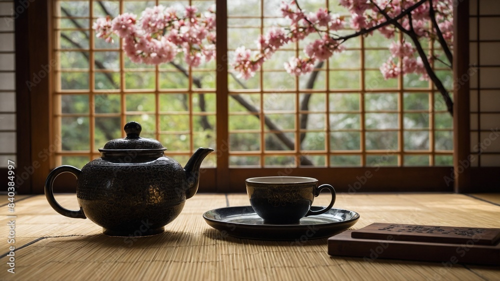 Traditional japanese tea setting captured, featuring cast iron teapot ...