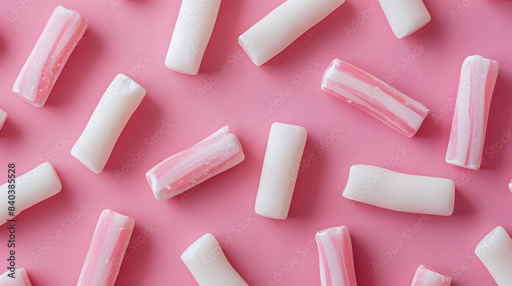a flat lay of delicious chewing gum sticks arranged on a pink backdrop ...
