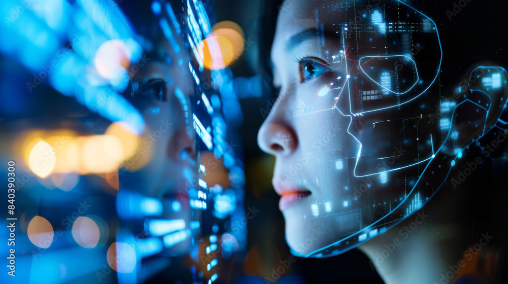 AI deepfake of a person face with reflections of blue light and digital ...