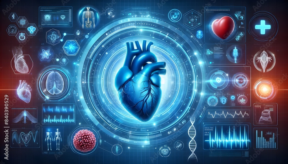 Digital illustration of a human heart with medical data and futuristic ...