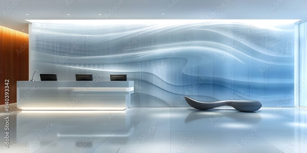 Modern hotel lobby featuring a minimalist front desk and sleek ...