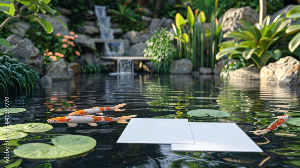 Tranquil Koi Pond Blank Business Cards Amidst Serene Water Plants and ...