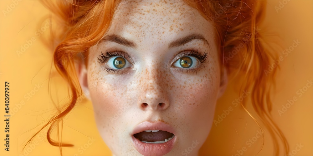 Surprised ginger woman with wide eyes and open mouth in a close-up ...