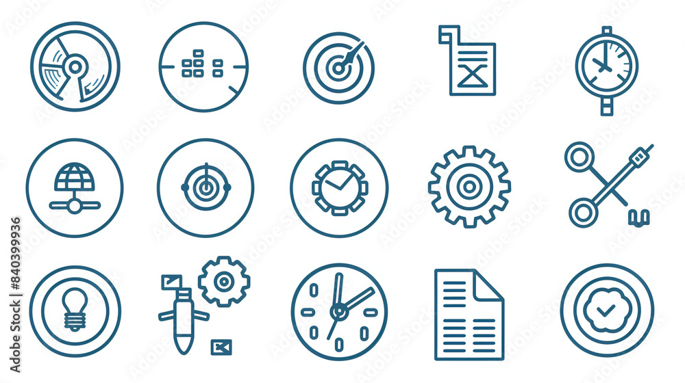 Foto de QMS linear icons set. Performance improvement. Measurable goals ...