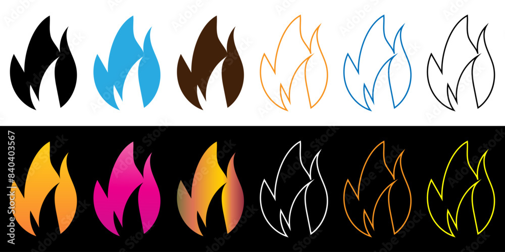 Flame icons symbolize different categories, flame silhouettes black ...