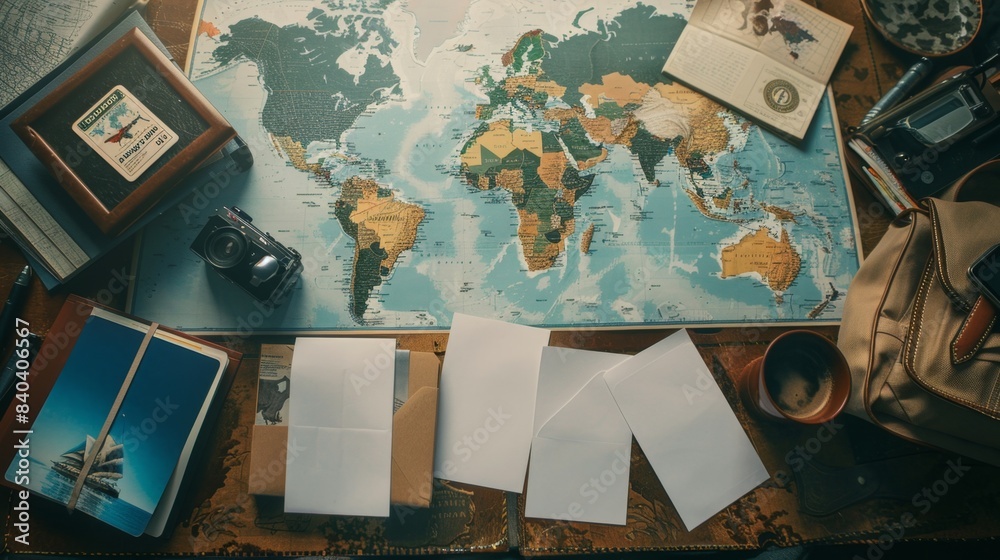 Explore Your Next Adventure Travel Planner's Desk with Blank Business ...