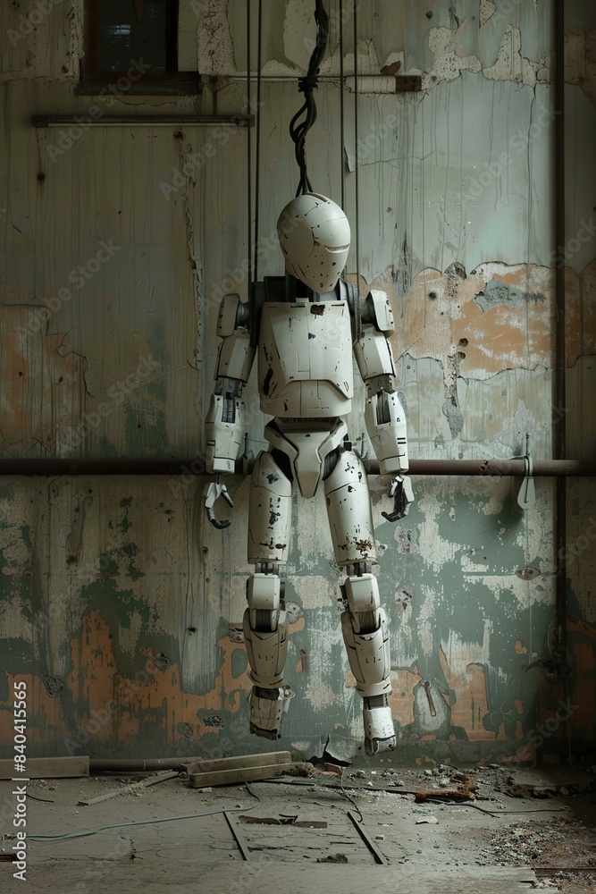 Humanoid robot hanged with electric cable in dirty room. Robo suicide ...