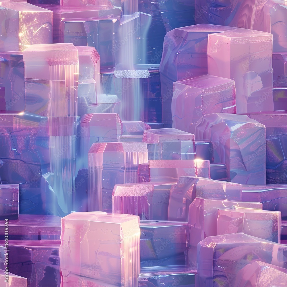 A digital painting of a 3D geometric waterfall, with water made of ...