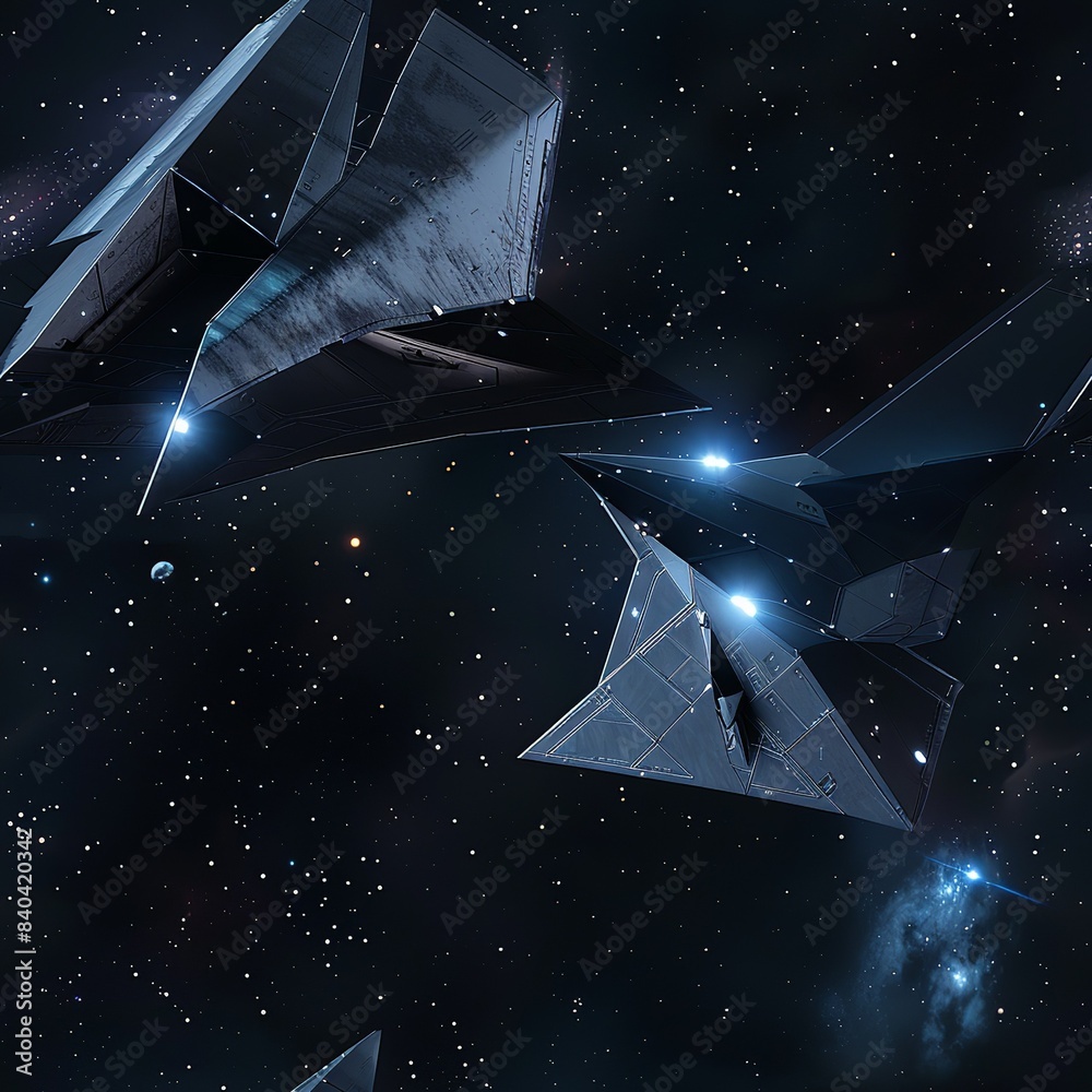 A futuristic 3D render of a geometric spacecraft, with sharp angles and ...