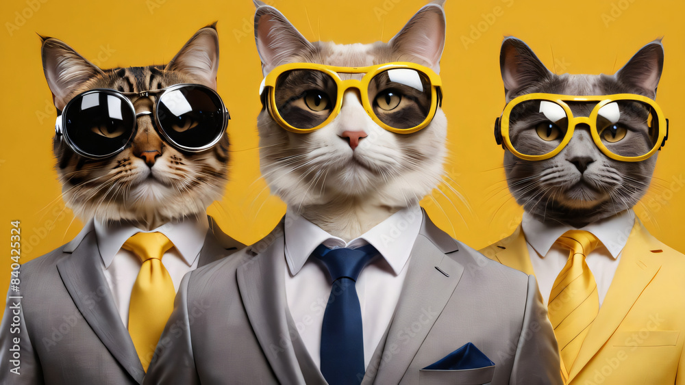 three cats in formal attire, wearing goggles, yellow background ...