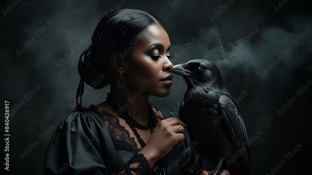 Raven minion is whispering to a dark beautiful witch woman on smoky ...