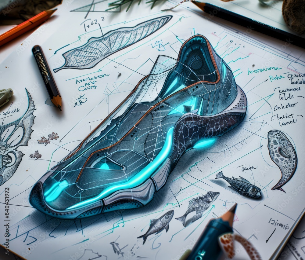 Design sketch of a futuristic running shoe with geometric shapes and ...