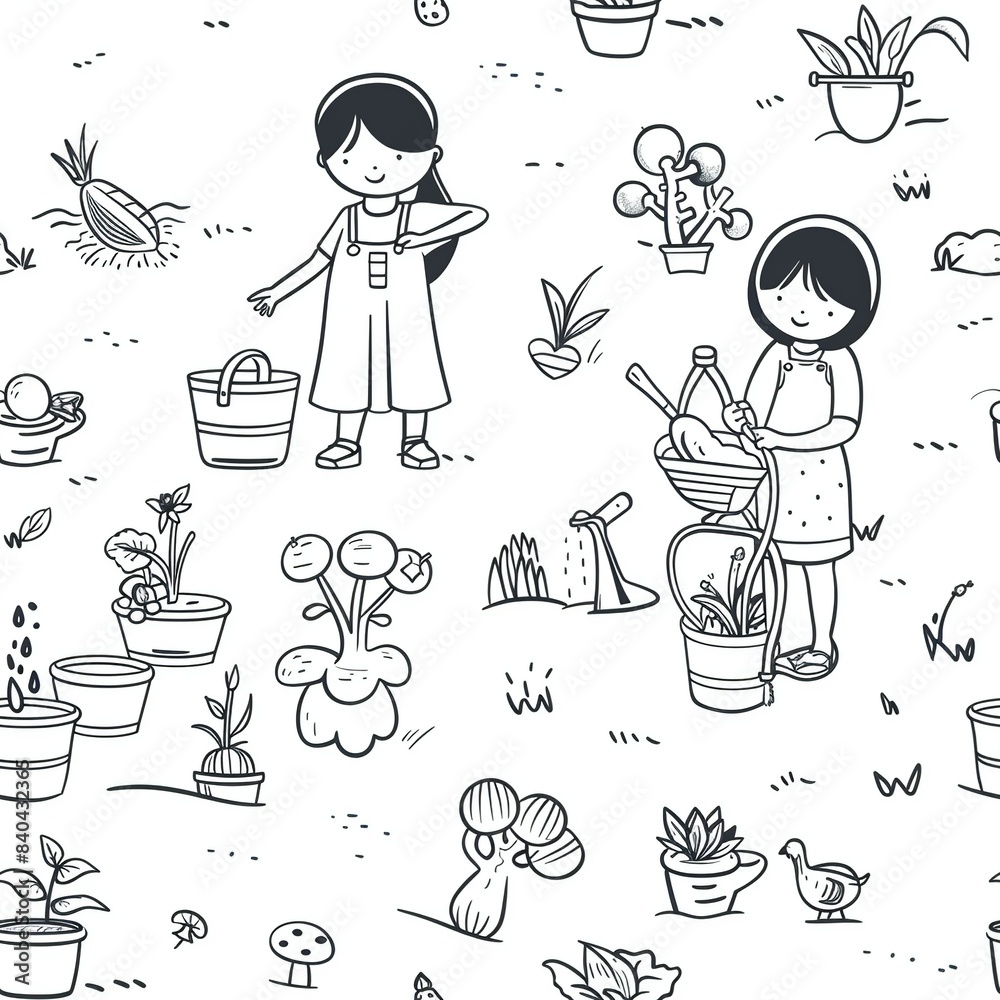 A line drawing of a family gardening together in their backyard ...