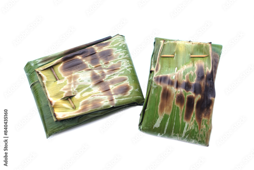Food wrapped in toast banana leaf in rectangle shape, isolated on white ...