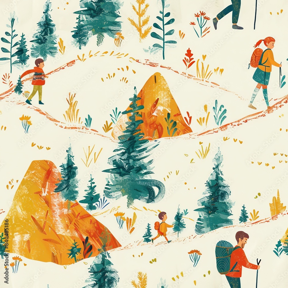 A crayon sketch of a family going for a hike, with everyone in outdoor ...