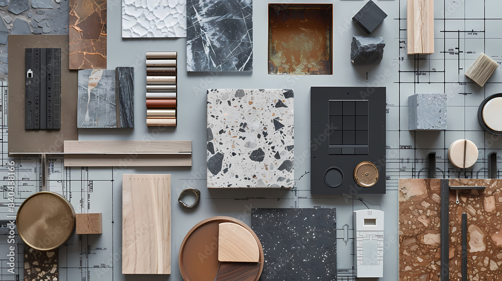 Flat lay design of creative interior design moodboard composition with ...