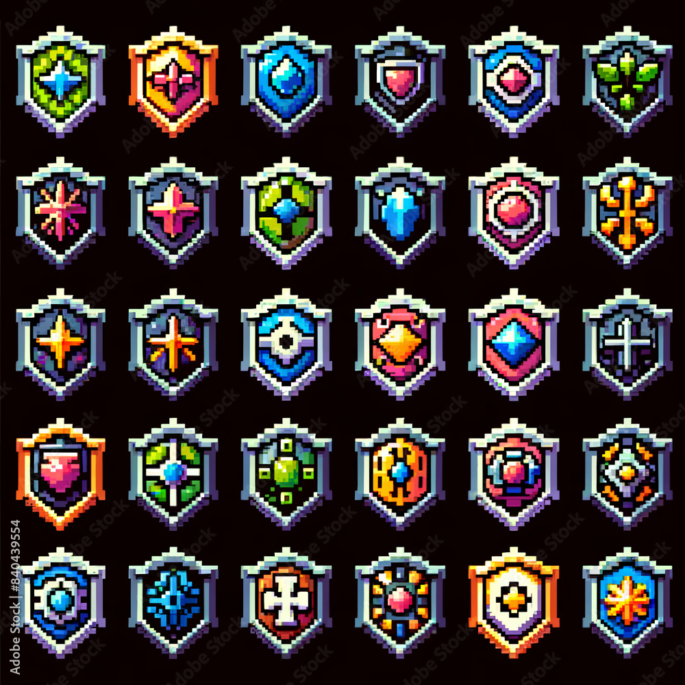 RPG Game Hero's Shield Pixel Art Icons Stock Illustration | Adobe Stock
