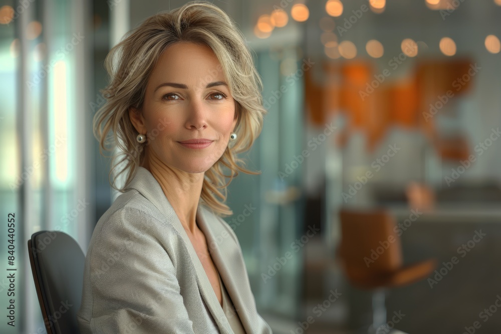 Corporate Professional. a 45 years old woman in a modern office setting ...