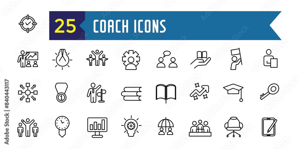 Coach icons set. Outline set of coach vector icons for ui design. Outline icon collection ...