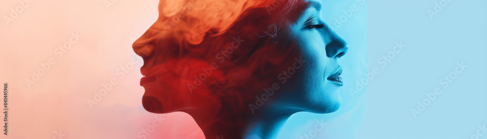 Double exposure image of a woman with contrasting red and blue hues ...