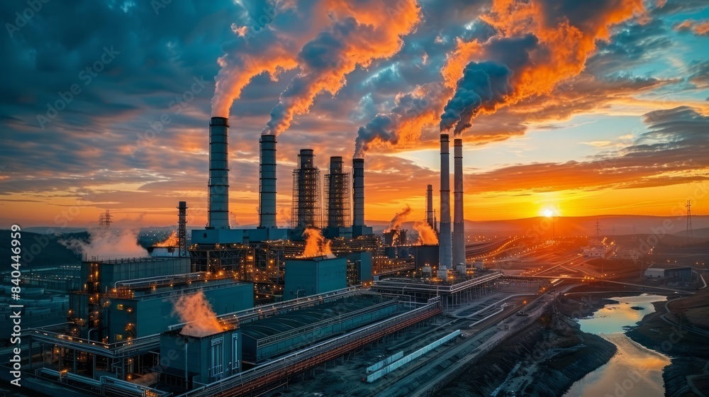 Featuring cooling towers and turbines, this power plant emphasizes ...