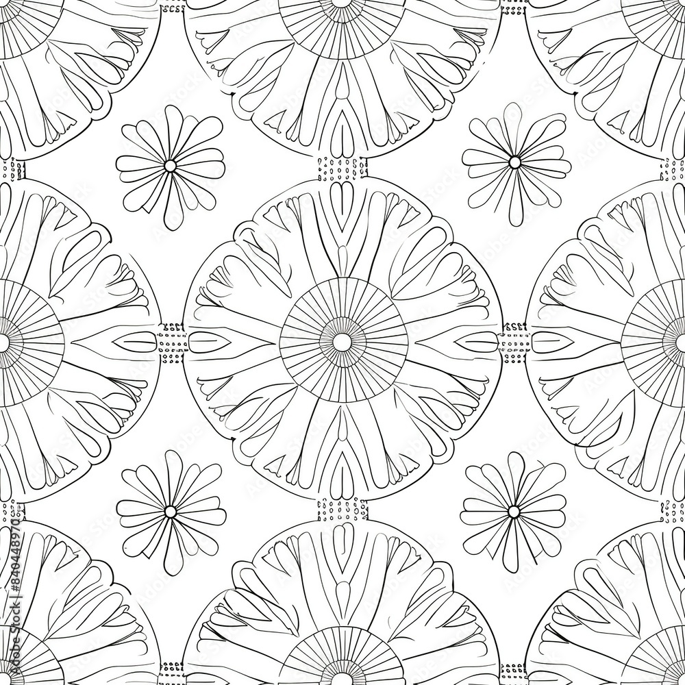 An abstract line drawing featuring a complex mandala pattern, with ...