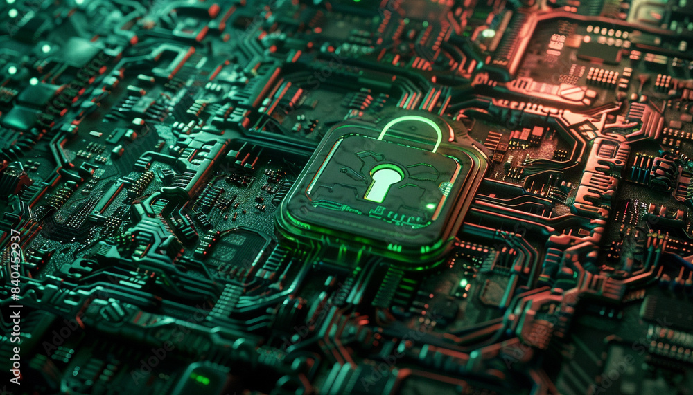 Electronic symbol of a padlock on a red background with vibrant stage ...