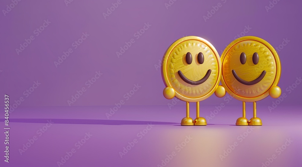 One cute golden coin with smiley face holding hands and standing on a ...