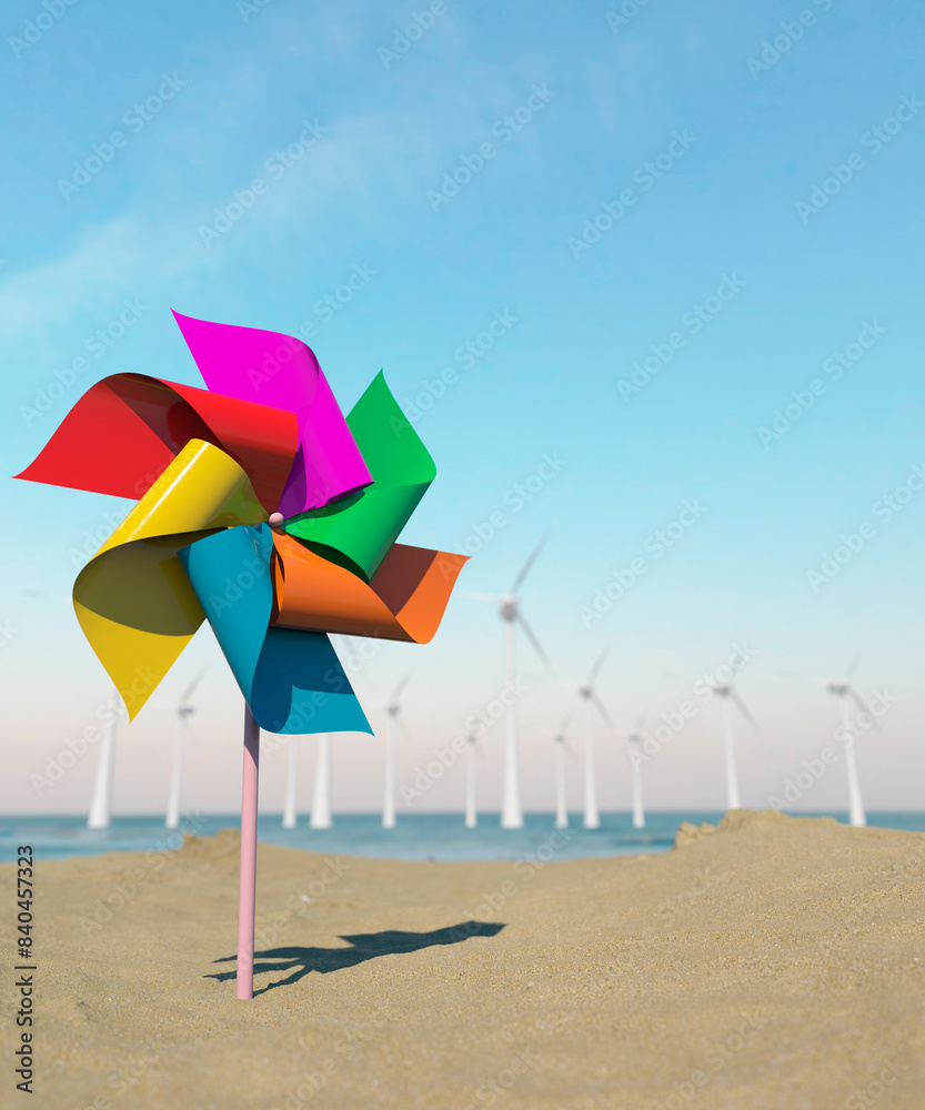 Offshore wind farm concept with toy windmills on a beach educating ...