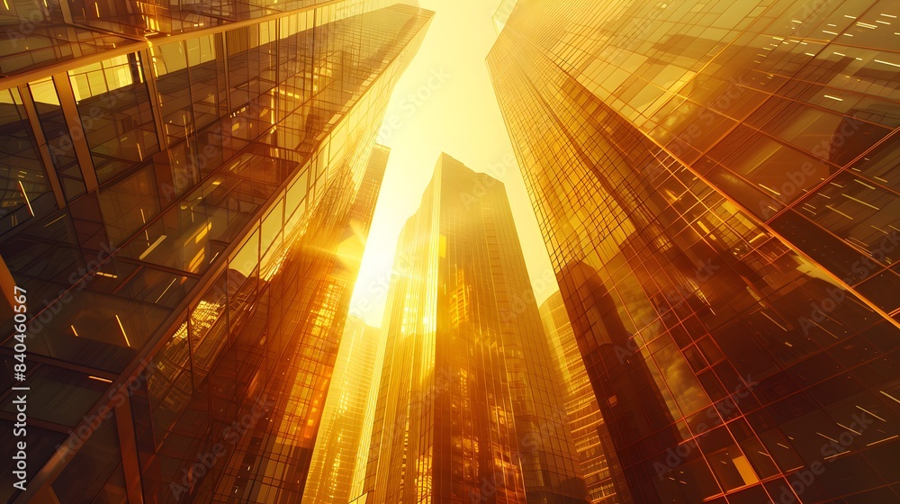 Tall glass skyscrapers with sunlight reflecting off the surface ...