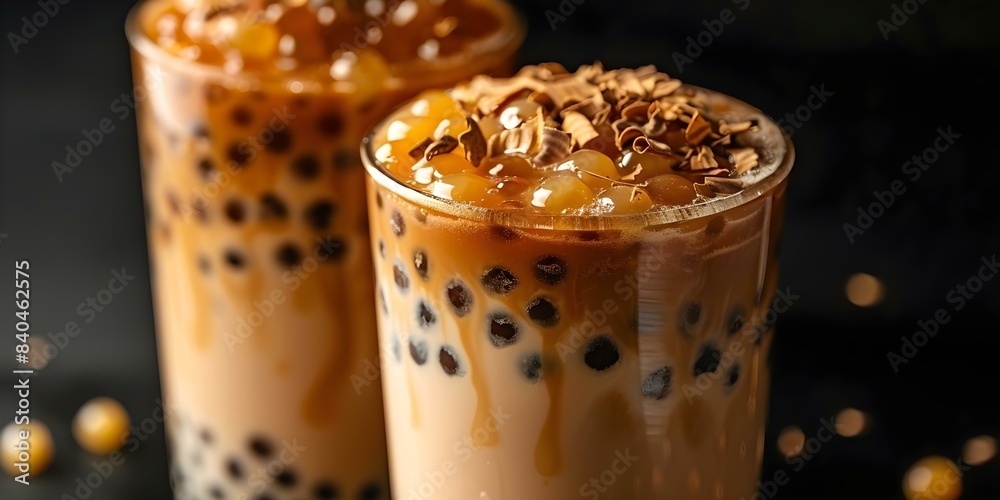 Macro shot of Taiwanese bubble milk tea with tapioca balls on black ...