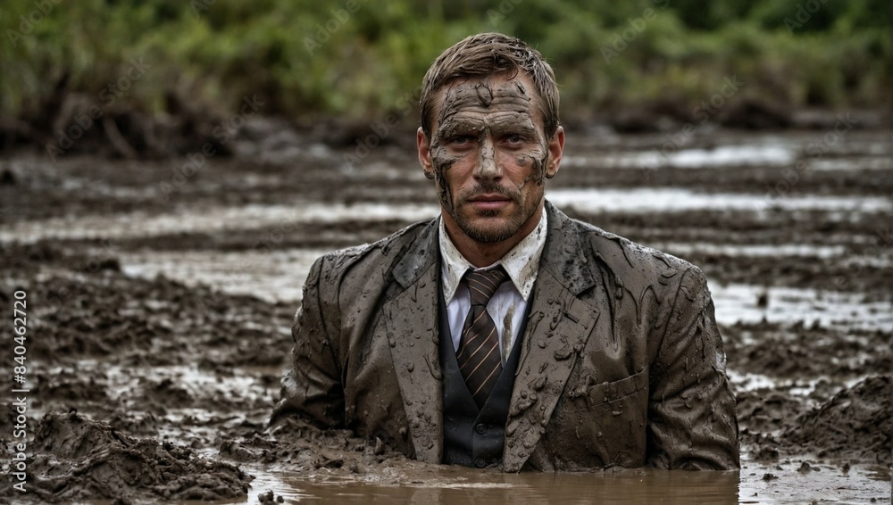 A sad, upset man dressed in a suit and tie lies half in the mud, which ...