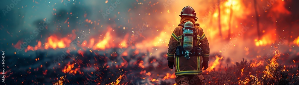 Brave firefighter battling a raging wildfire, surrounded by flames and ...