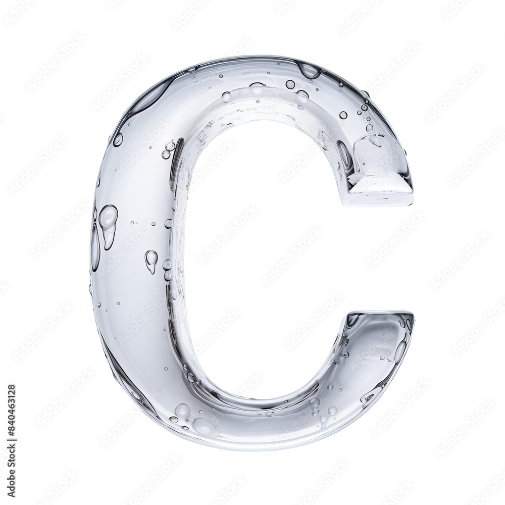 3D illustration of uppercase letter C made of water with drops.on cut ...