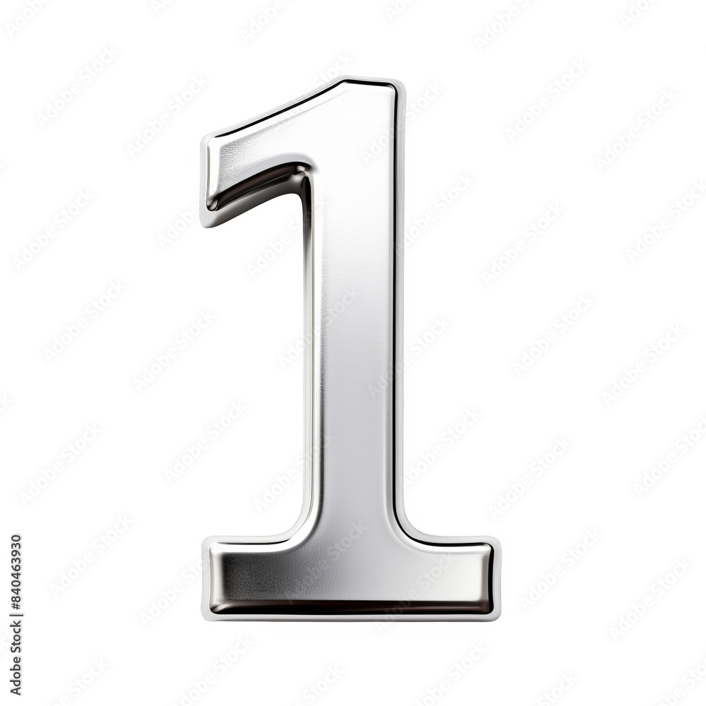 3D rendering of silver metal number 1on cut-out white background ...