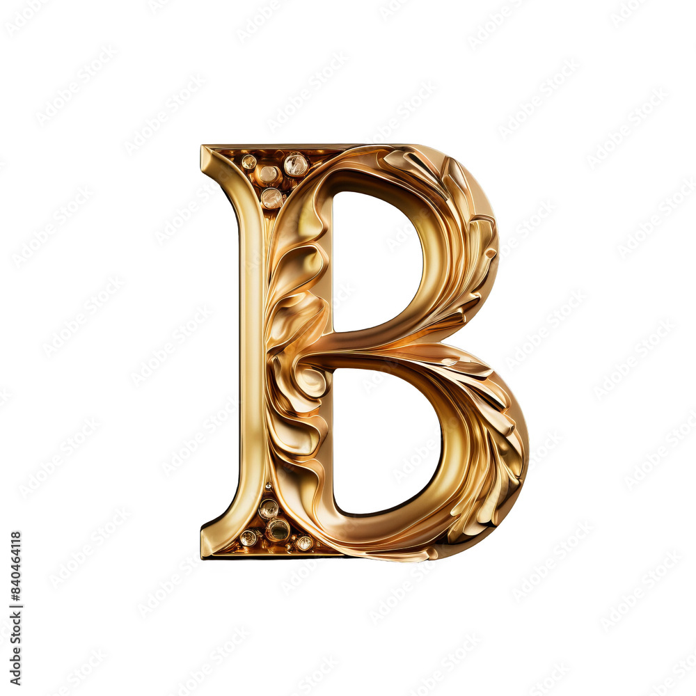 3D rendering of the uppercase letter B made of goldon cut-out white ...