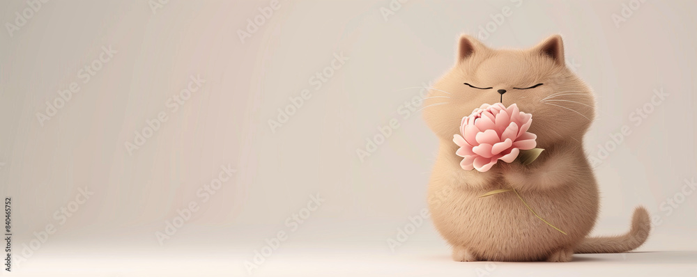 Cartoon illustration, cute fluffy animal with flower, cute gift concept ...